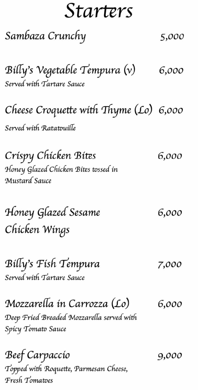 Billy's Restaurant Kigali Menu - Vibe Kigali