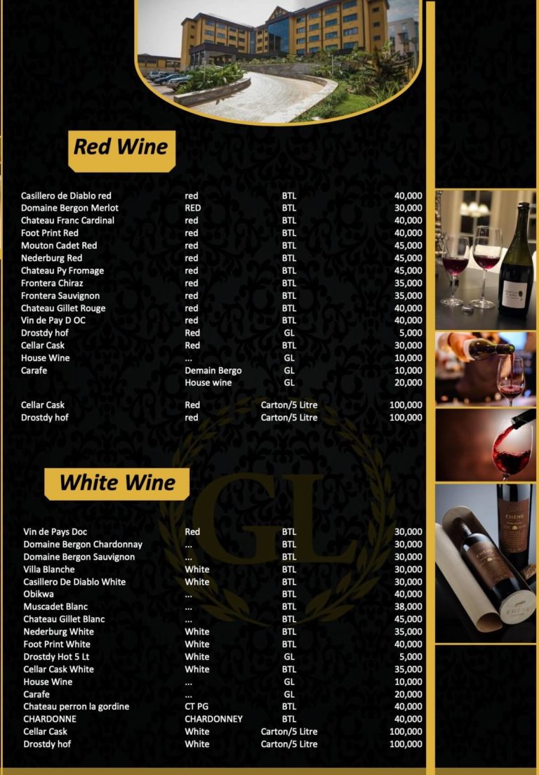 Grand Legacy Hotel Kigali Drinks Menu - Vibe Kigali